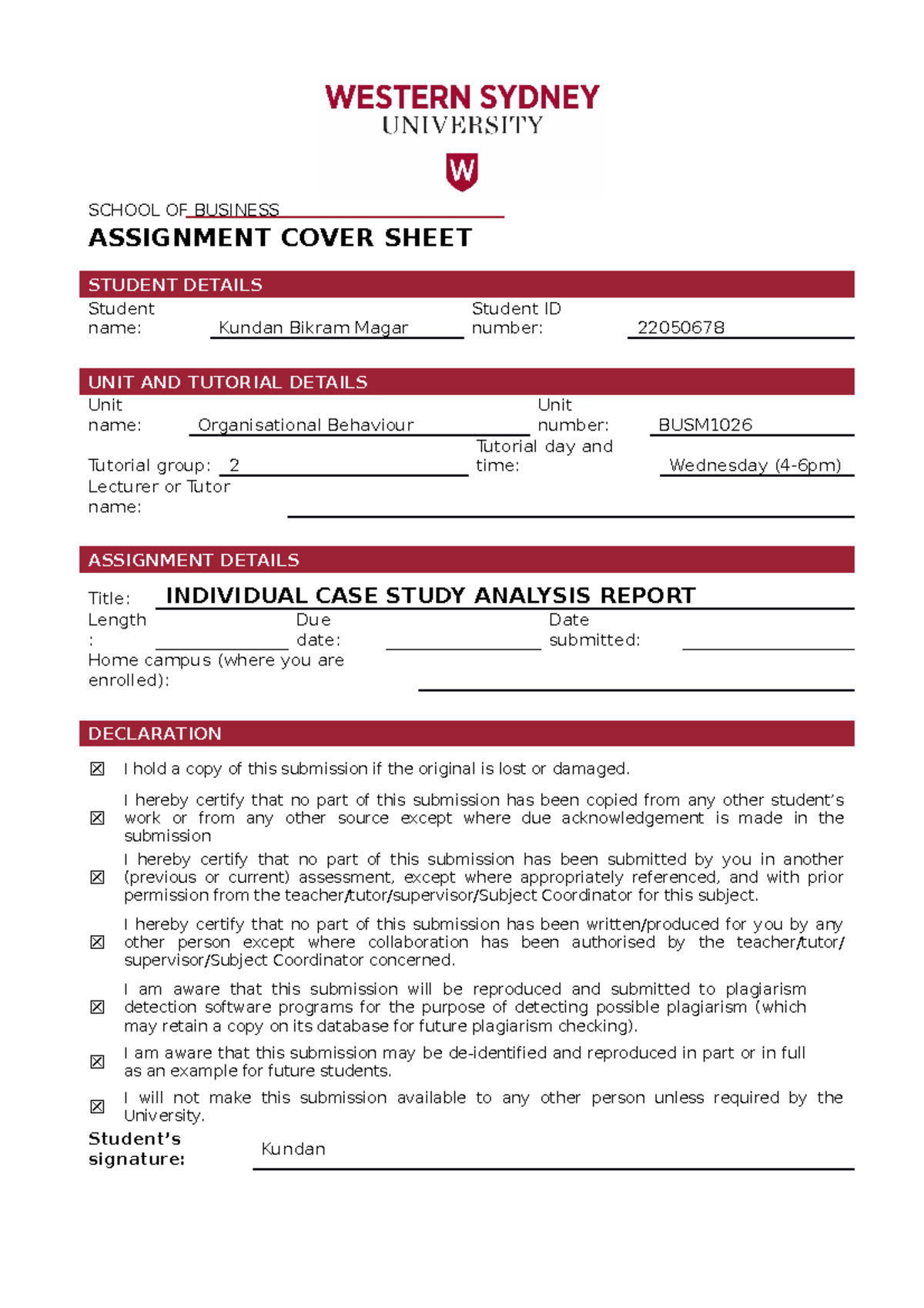 CSA Report Template 2023 - SCHOOL OF BUSINESS ASSIGNMENT COVER SHEET ...