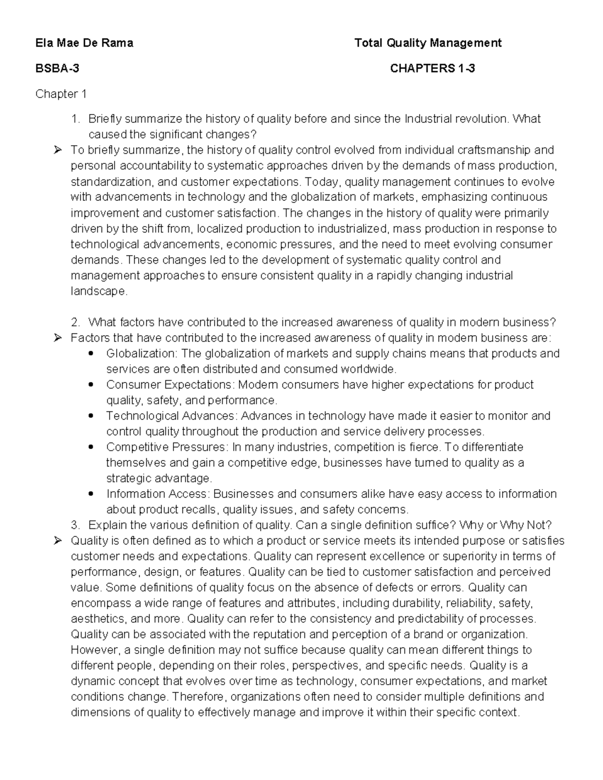 TQM- Activities - Ela Mae De Rama Total Quality Management BSBA-3 CHAPTERS 1- Chapter 1 1 ...