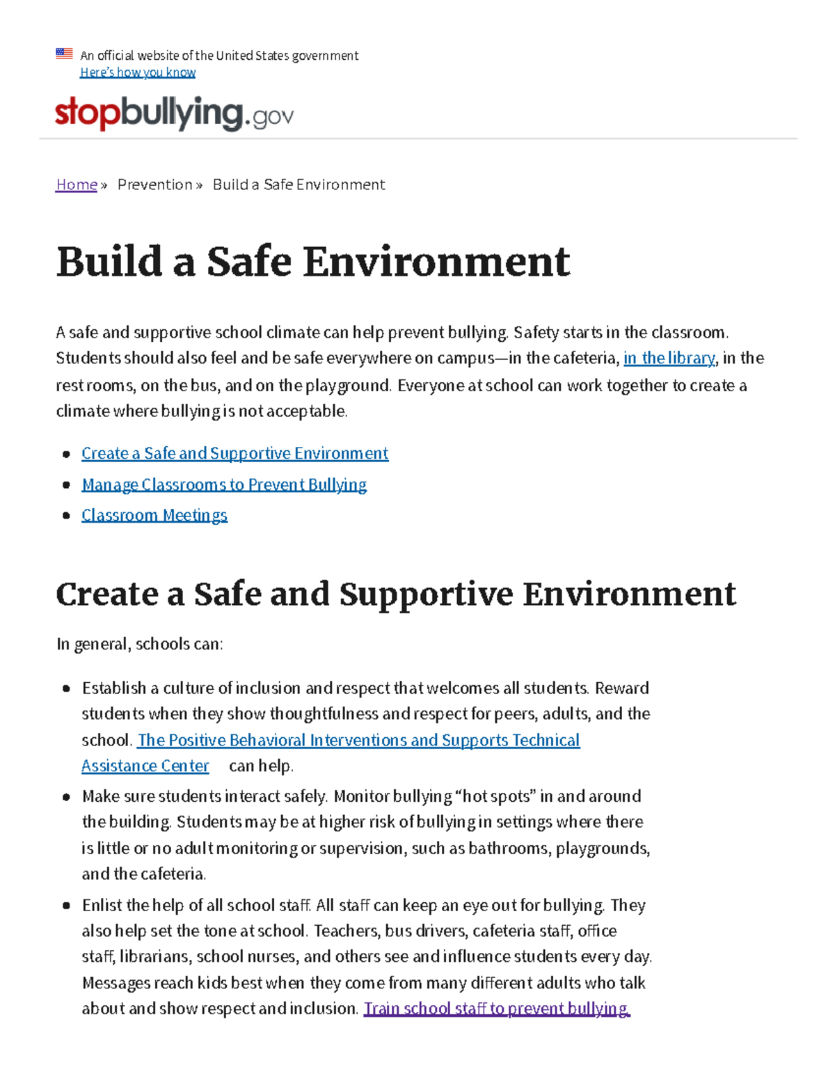 Build a Safe Environment Stop Bullying - Home » Prevention » Build a ...