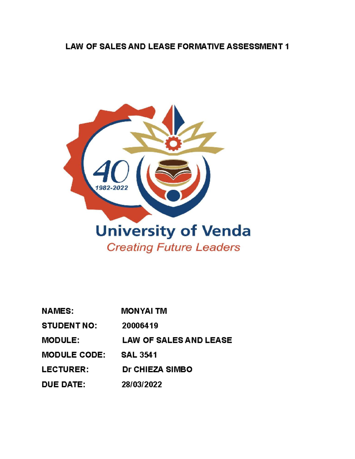 Monyai TM 2000 6419 SAL Assessment - LAW OF SALES AND LEASE FORMATIVE ...