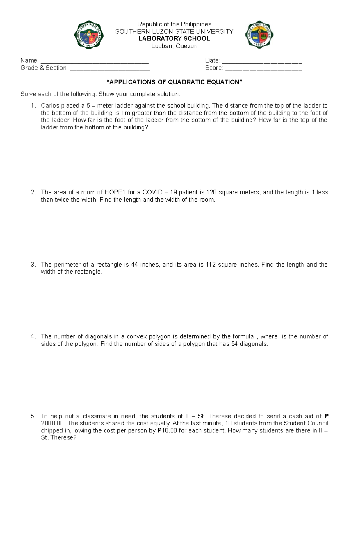 Math Quiz 4 - These are possible quizzes - Republic of the Philippines ...