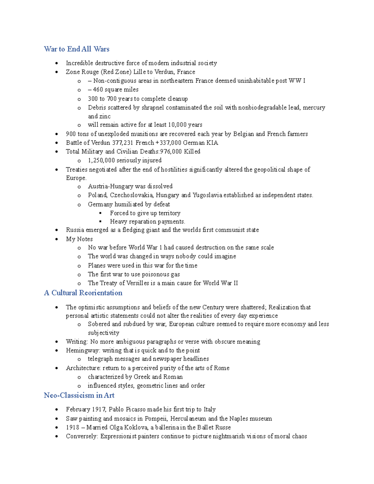 Module Six Notes - War to End All Wars Incredible destructive force of ...