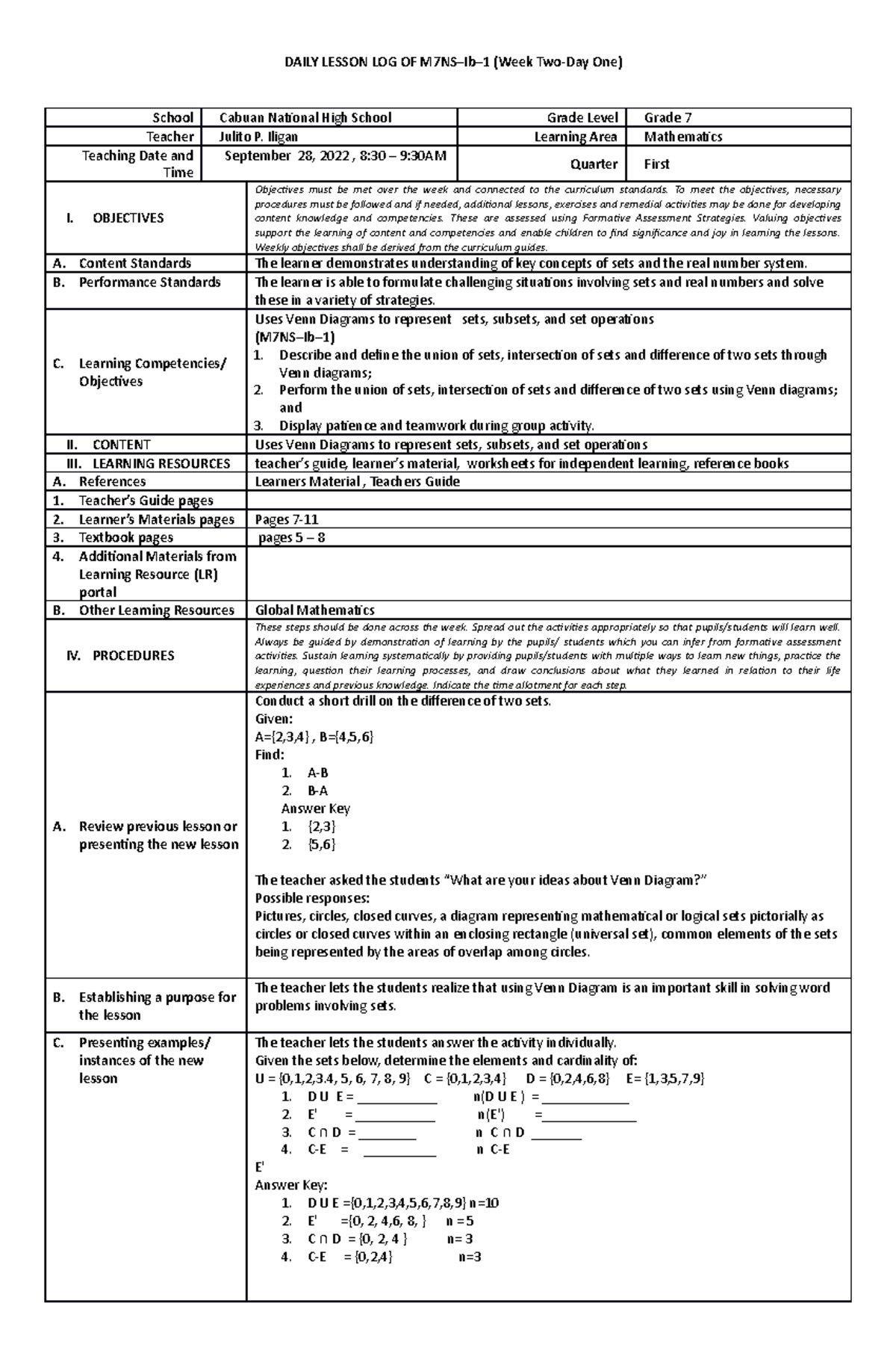I-DAY 5 - lesson plan - School Cabuan National High School Grade Level ...