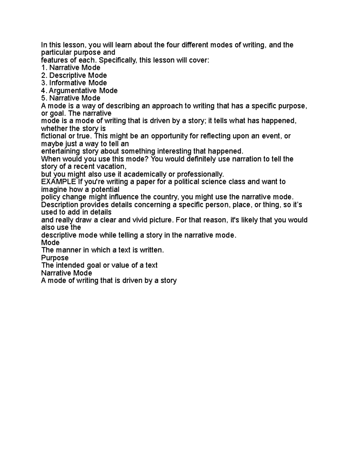 4 different modes of writing - Specifically, this lesson will cover ...