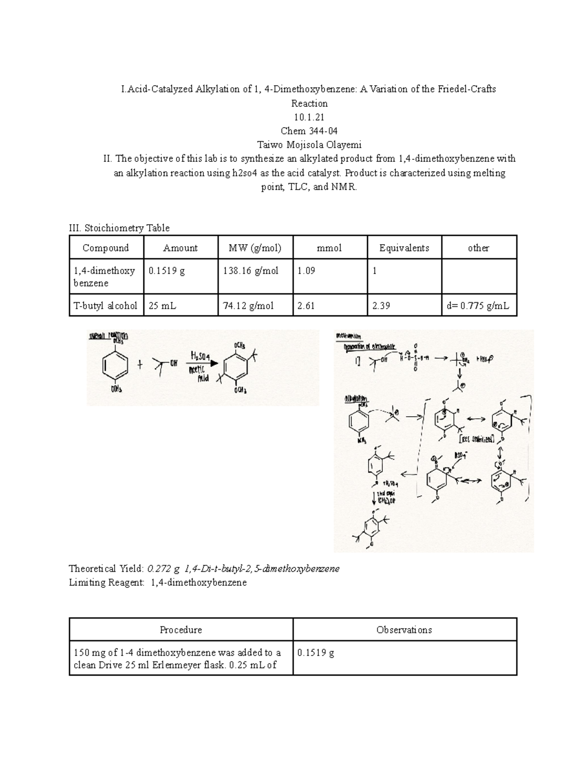 Chem 344 lab 5 - chem 344 lab experiment - I-Catalyzed Alkylation of 1 ...