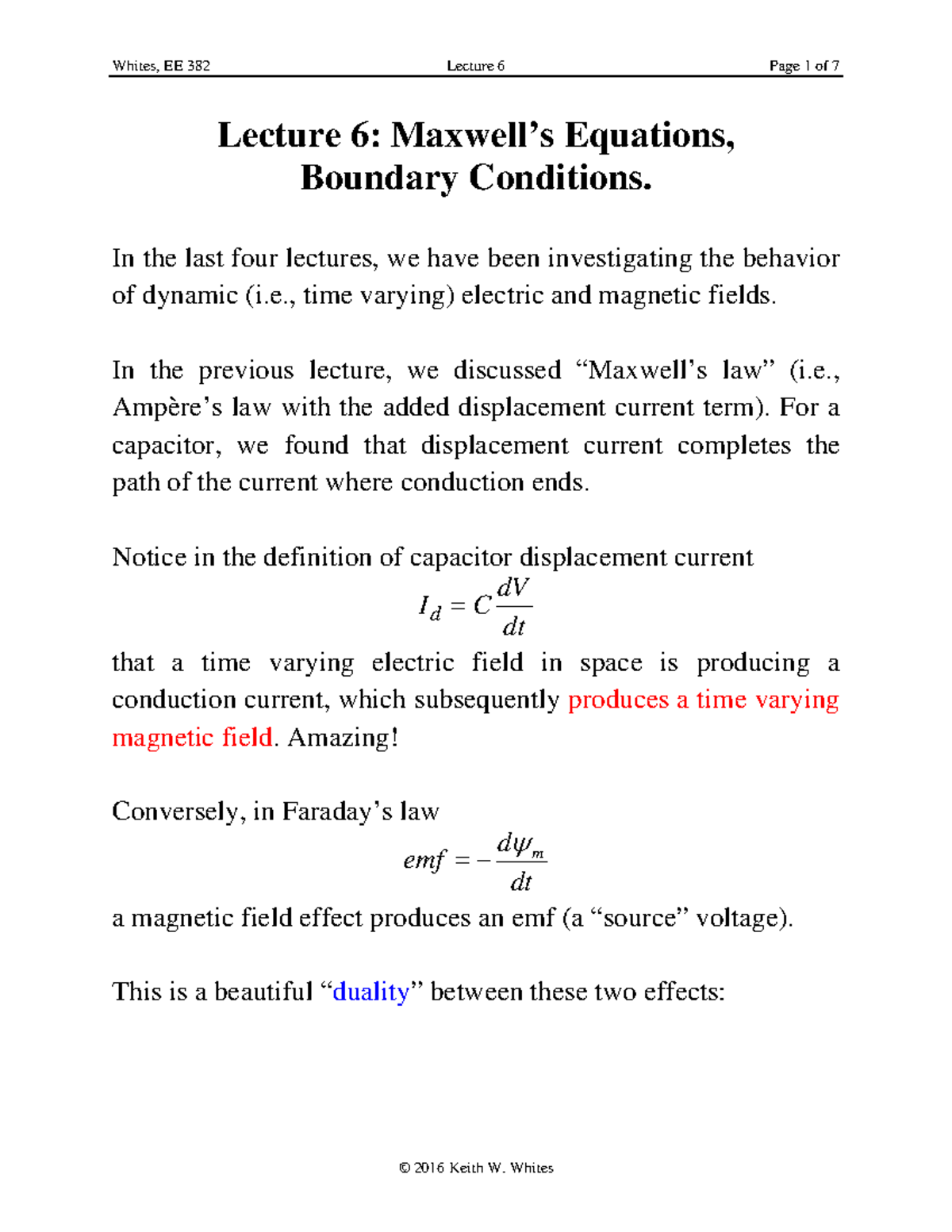 382Lecture 6 MAxwell - none - © 2016 Keith W. Whites Lecture 6: Maxwell ...
