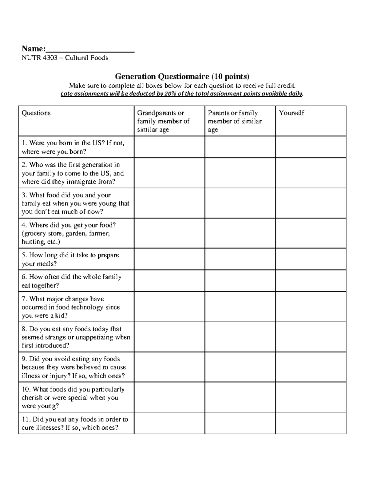 Generation Questionnaire - Name:_____________________ NUTR 4303 ...