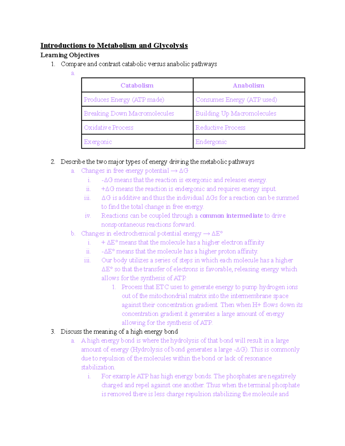 Biochemistry Exam 3 Learning Objectives and Focus Questions ...