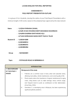 Outline - LCC402 ENGLISH FOR ORAL REPORTING ASSESSMENT 1 CHART / GRAPH ...