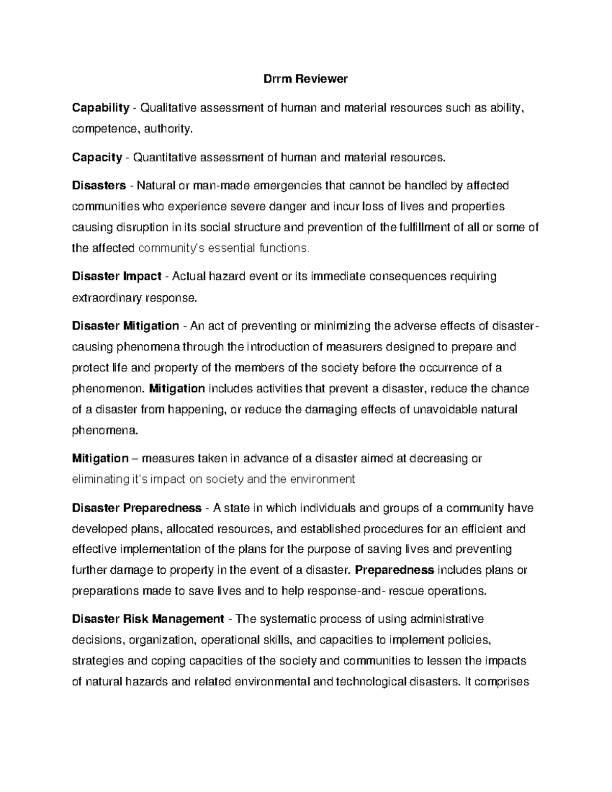 Drrm-Reviewer for preapredness - Drrm Reviewer Capability - Qualitative ...