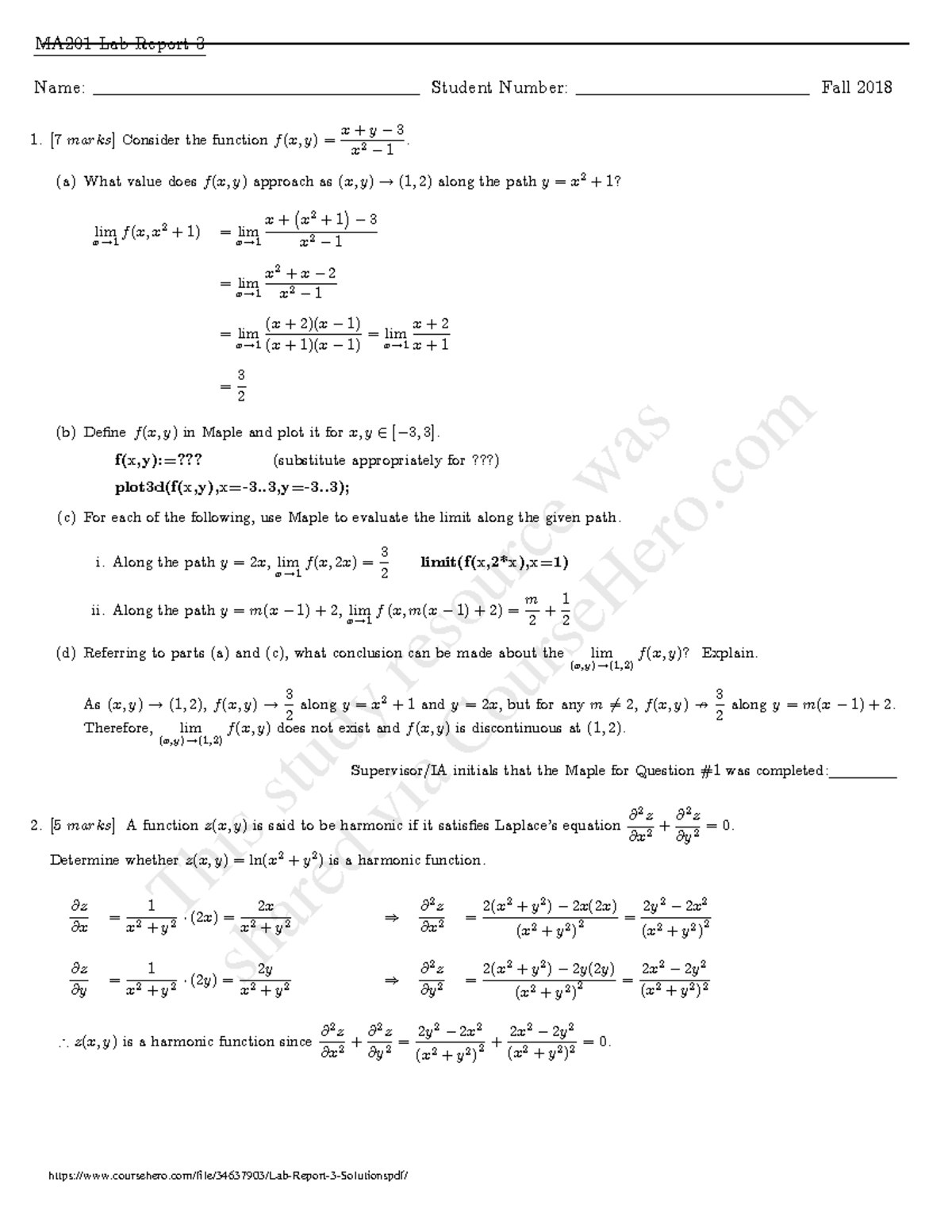 Lab 3 Tutorial Solutions F18 MA201 - MA201 Lab Report 3 Name: Student Number: Fall 2018 - Studocu