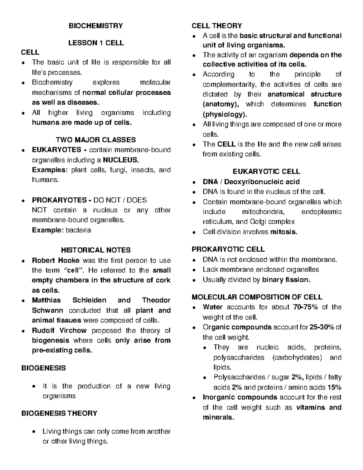 CHEM (LEC) Reviewer WEEK 1 (CELL) - BIOCHEMISTRY LESSON 1 CELL CELL The ...