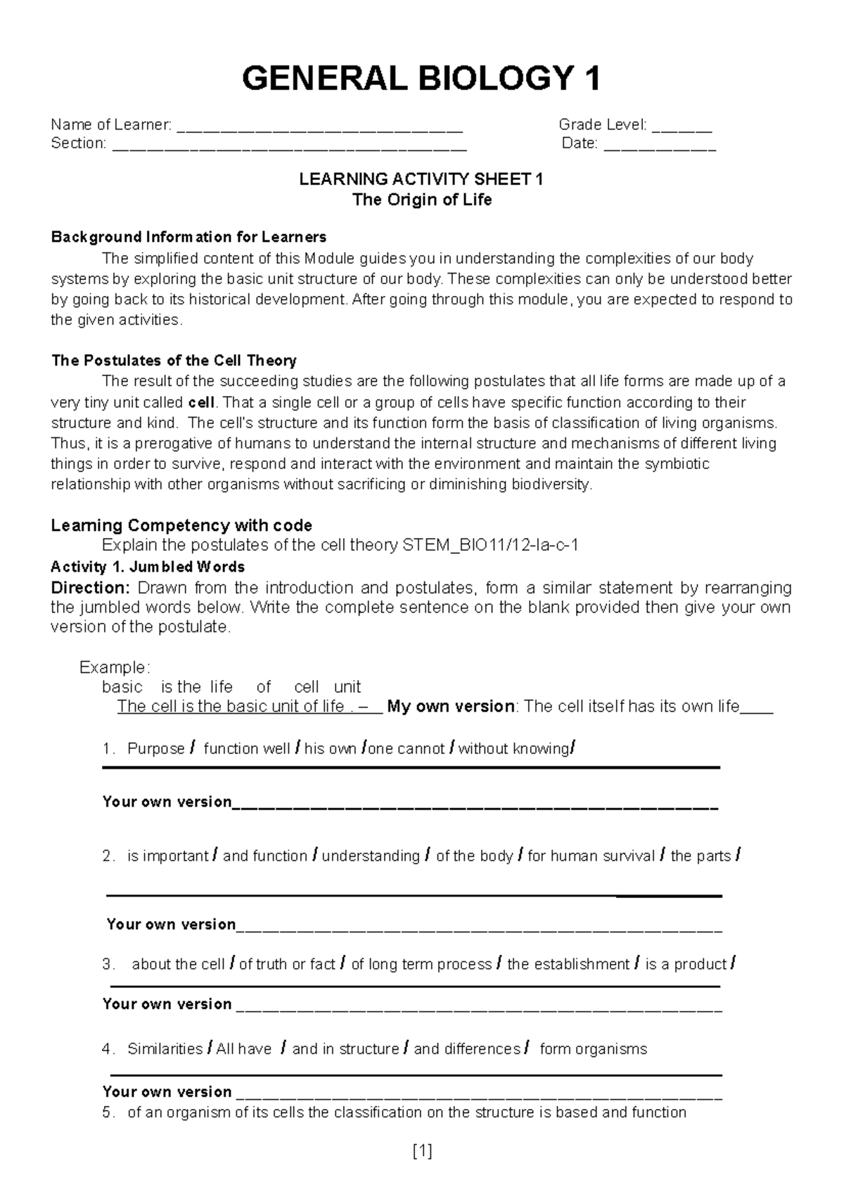 General Biology 1 Learning Activity SHEE - GENERAL BIOLOGY 1 Name of ...