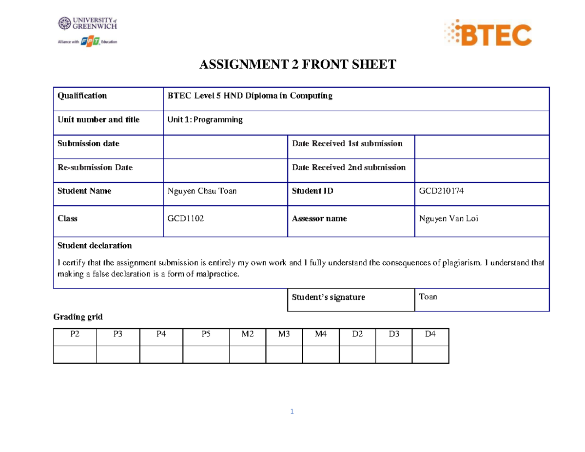 Assignment 2 1618 report - ASSIGNMENT 2 FRONT SHEET Qualification BTEC Level 5 HND Diploma in ...
