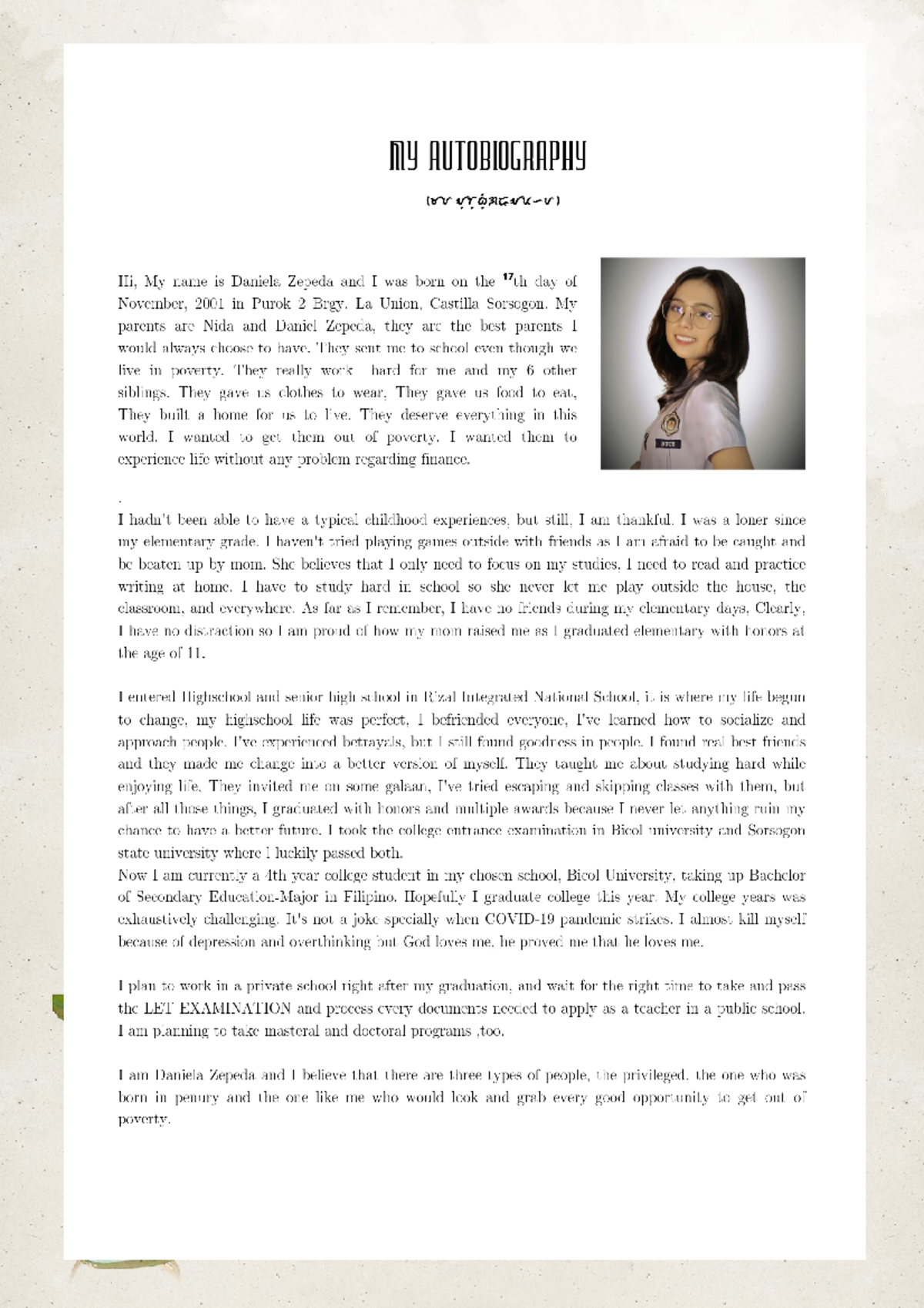 MY Autobiography - Education - Studocu