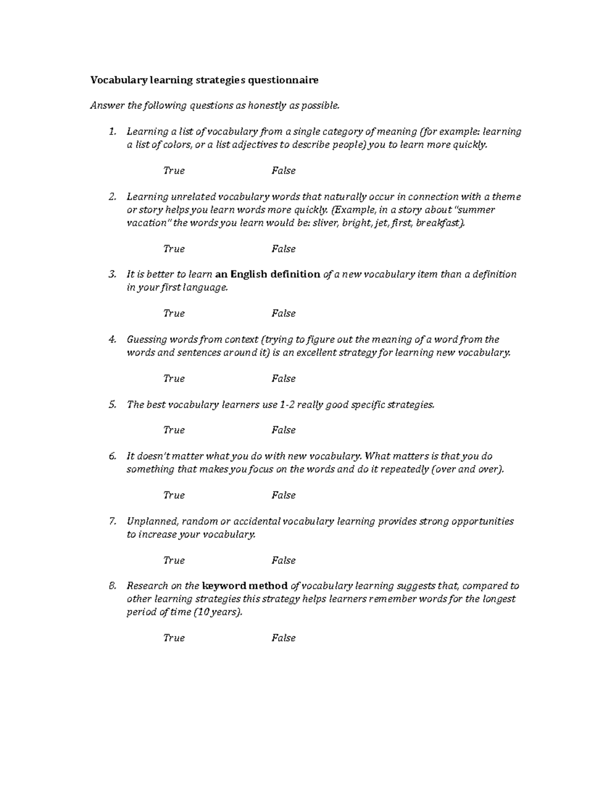 Vocabulary learning questionnaire - Vocabulary learning strategies ...