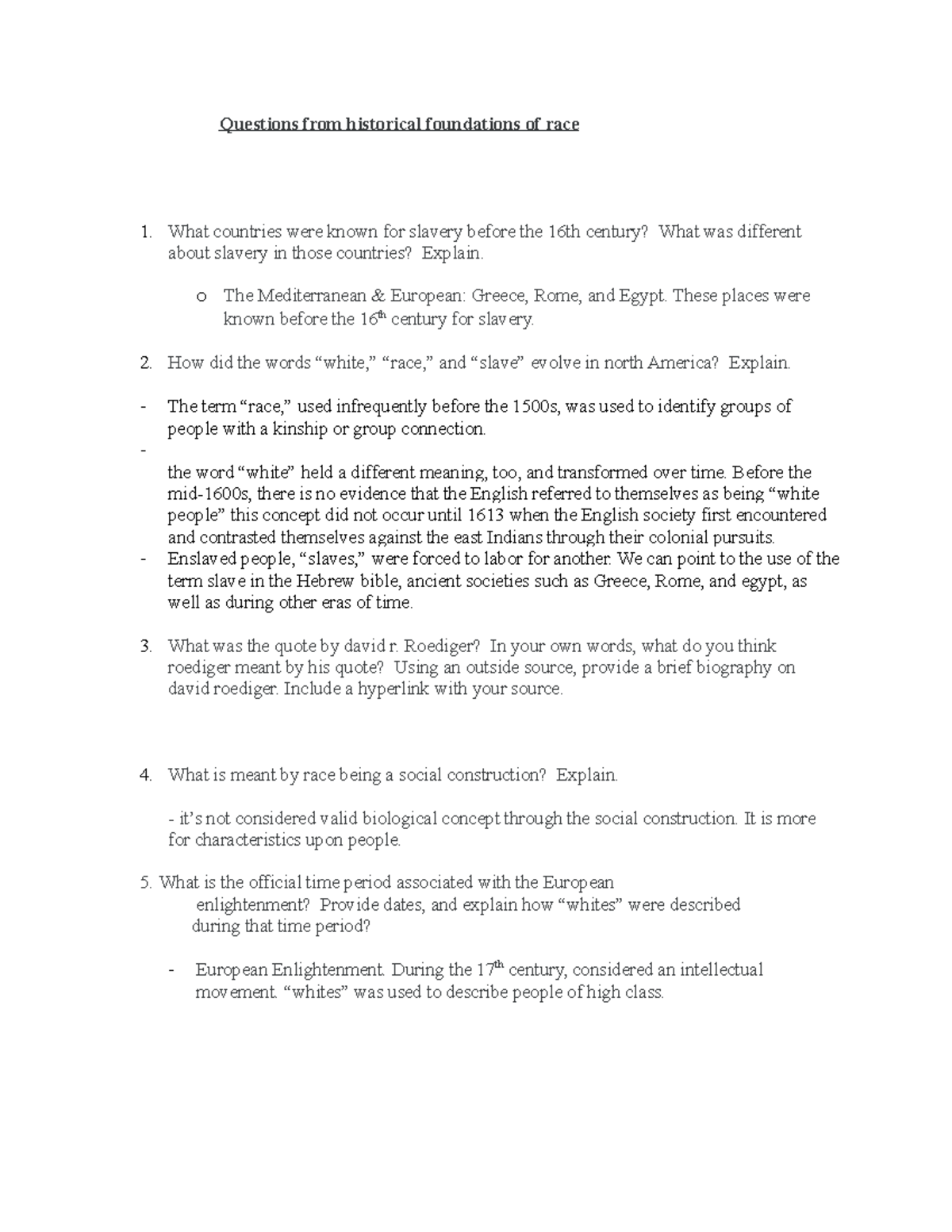 Questions FROM Historical Foundations OF RACE - Questions from ...