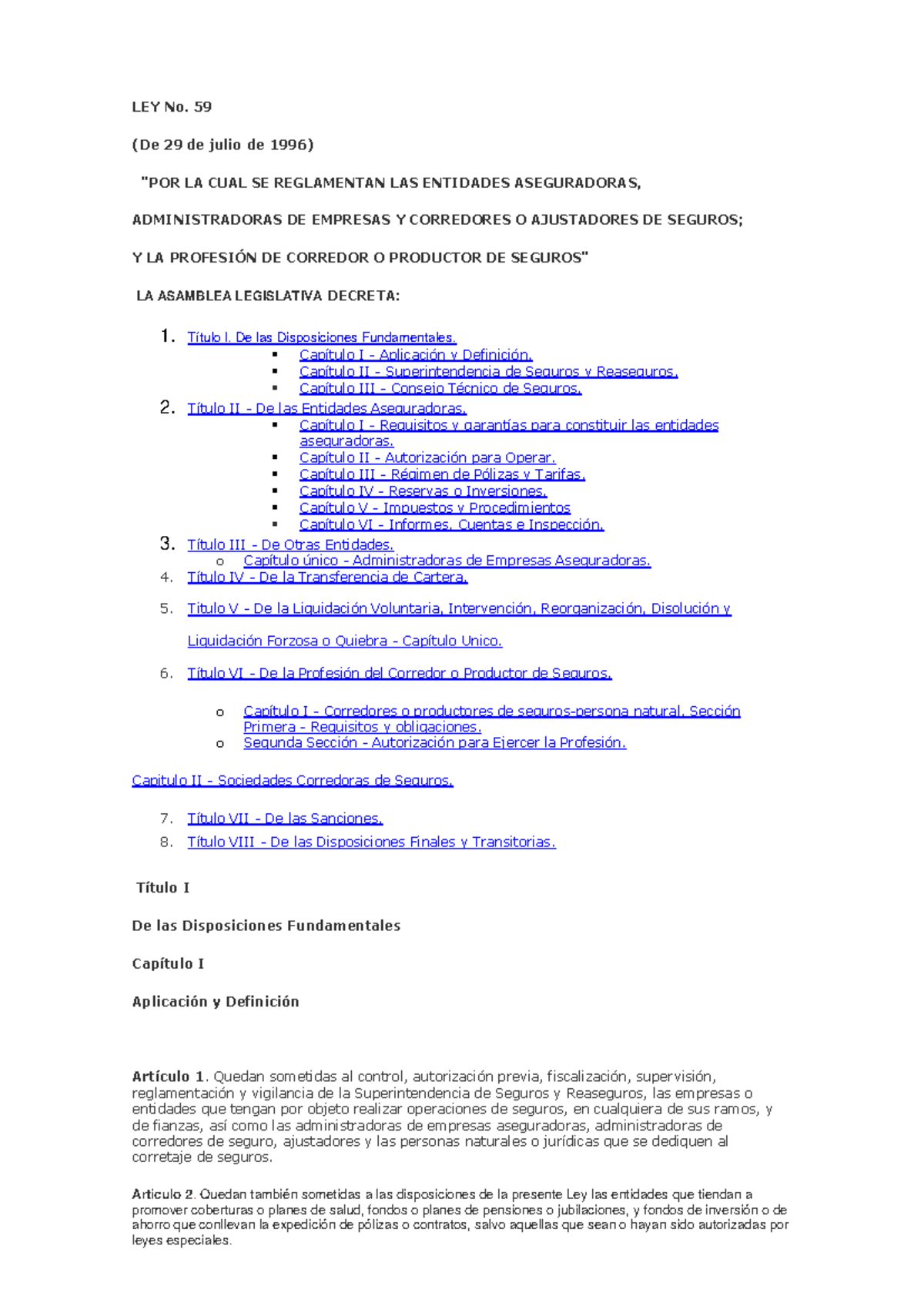 Leyes ley 1996 059 - LEY No. 59 (De 29 de julio de 1996) "POR LA CUAL ...