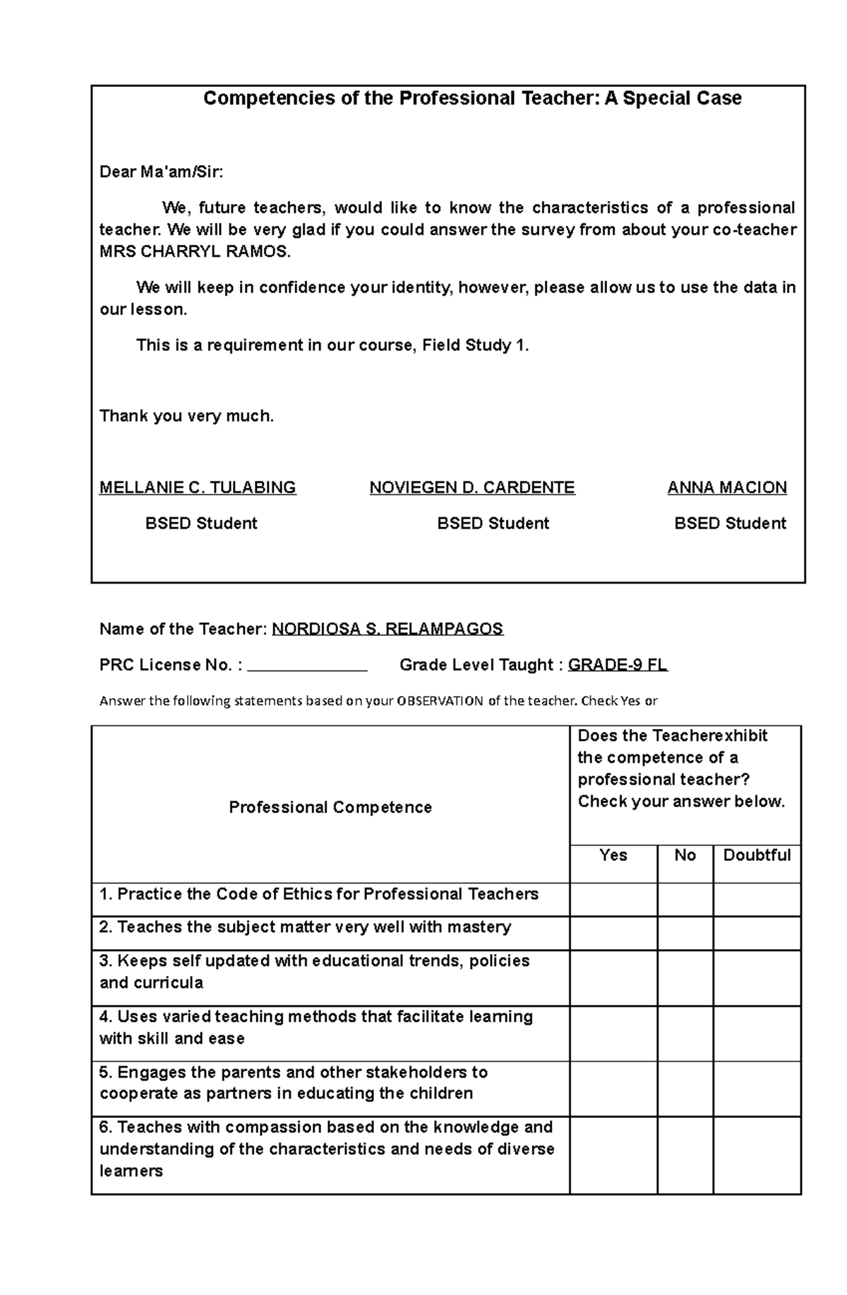 competencies fs - Competencies of the Professional Teacher: A Special ...