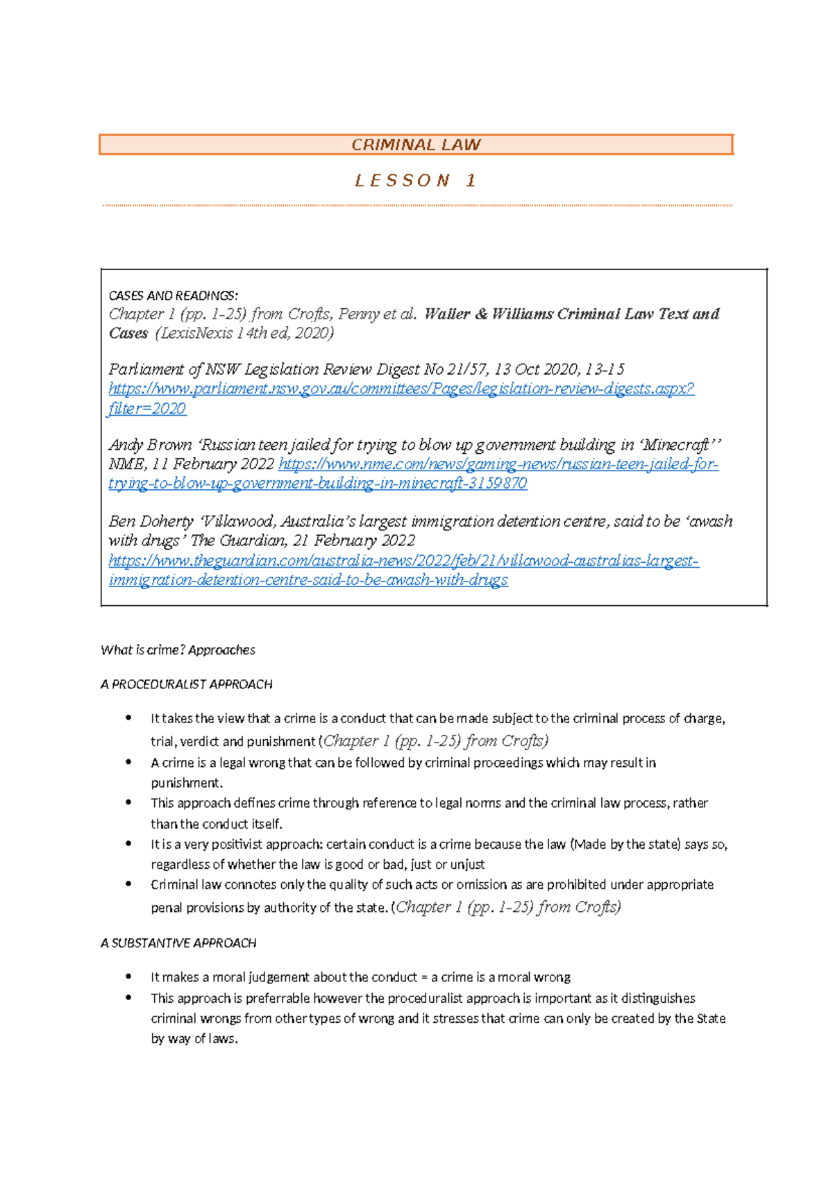 Criminal LAW Notes - CRIMINAL LAW L E S S O N 1 CASES AND READINGS ...