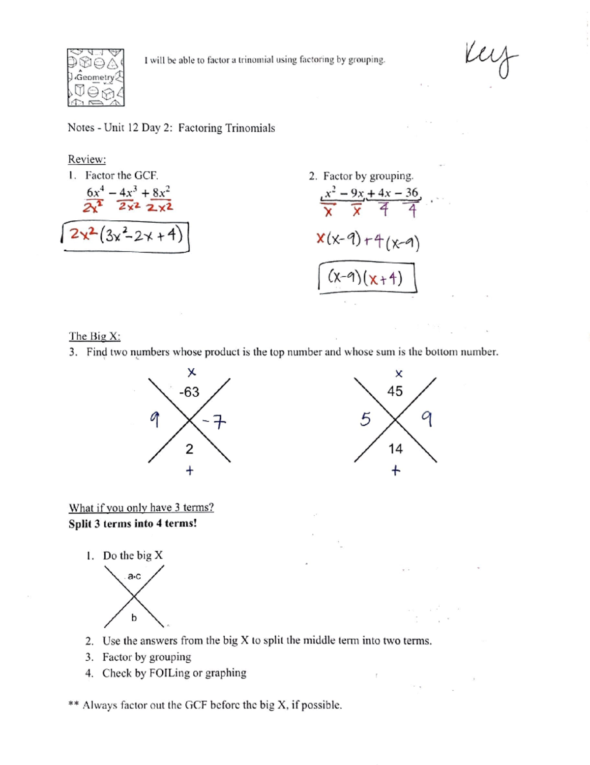 Key - Unit 12 Day 2 Factoring Trinomials - MTH 250 - Studocu