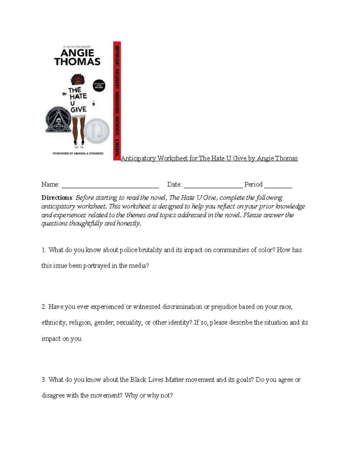 Anticipatory Worksheet for The Hate U Give by Angie Thomas - This worksheet is designed to help ...