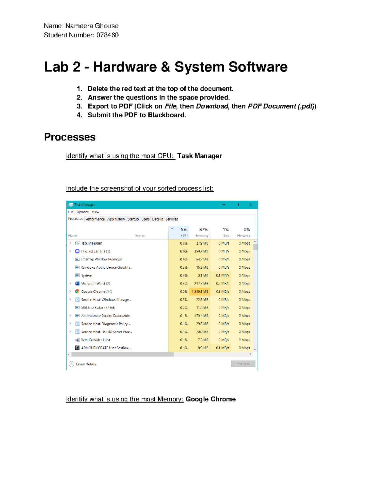 Lab 2 Hardware System Software Name Nameera Ghouse Student