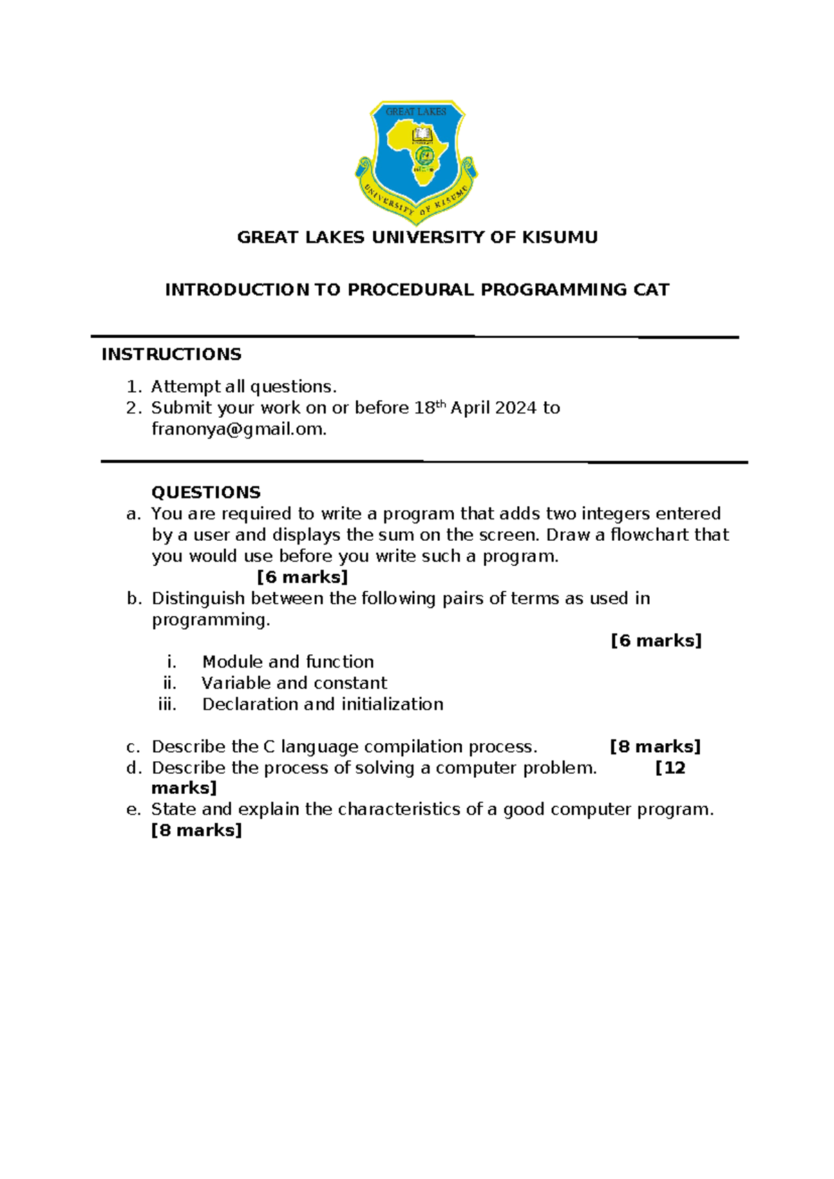 Introduction TO Procedural Programming CAT - GREAT LAKES UNIVERSITY OF KISUMU INTRODUCTION TO ...