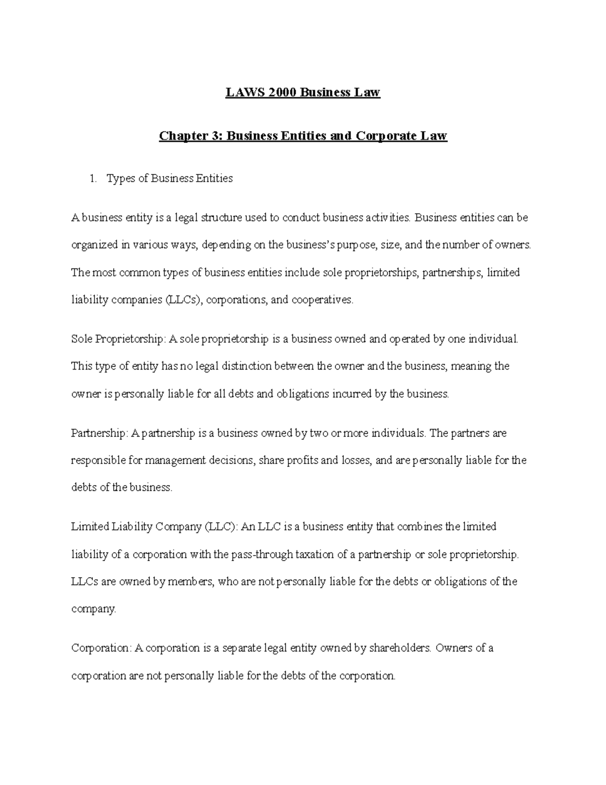 Chapter 3- Business Entities and Corporate Law - LAWS 2000 Business Law ...