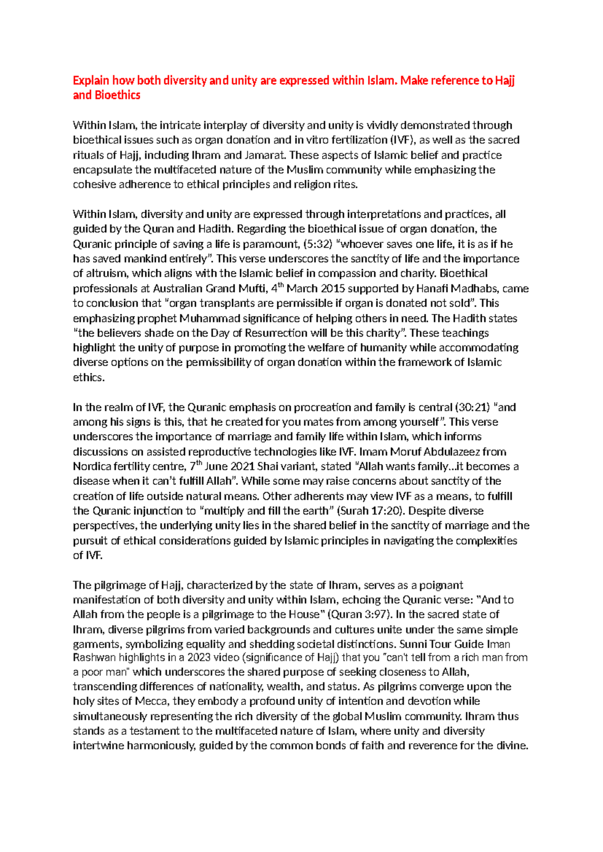 Islam essay - Explain how both diversity and unity are expressed within ...