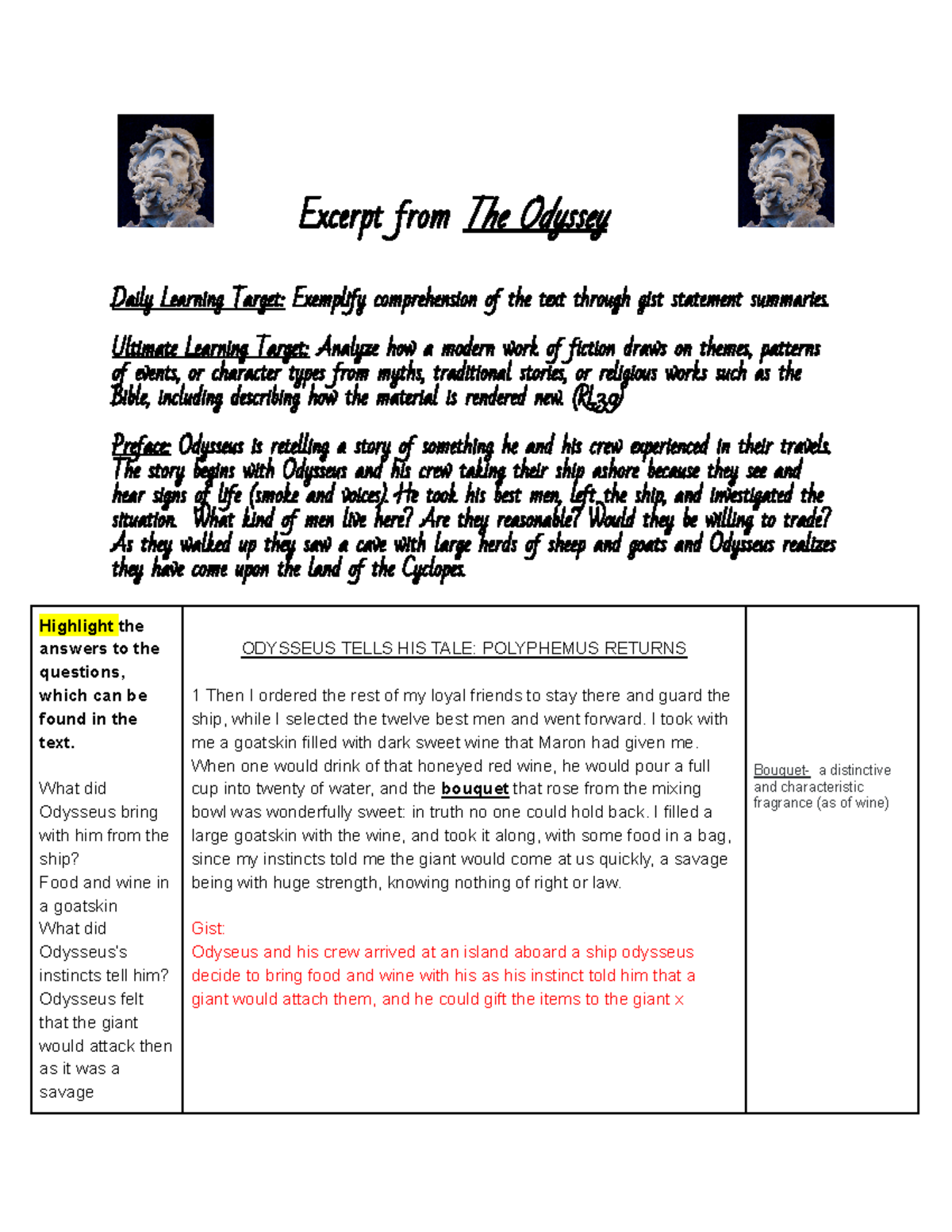 Copy of The Odyssey TEXT answers - Excerpt from The Odyssey Daily ...