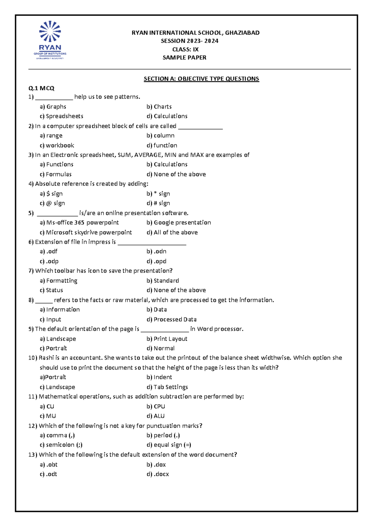Information Technology-Sample Paper 2 ic867539 - RYAN INTERNATIONAL ...