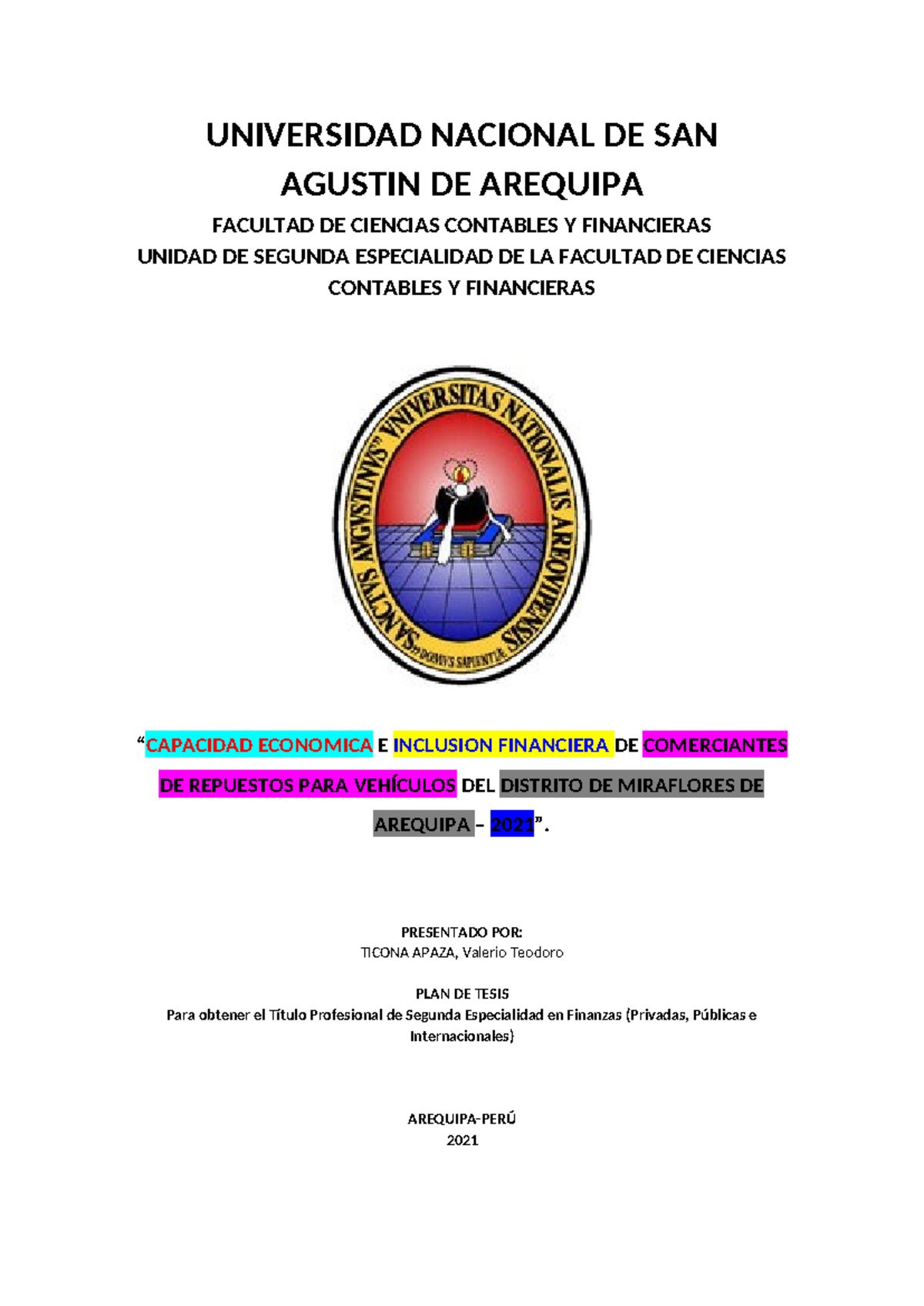 Trabajo 4 plan de tesis - UNIVERSIDAD NACIONAL DE SAN AGUSTIN DE ...