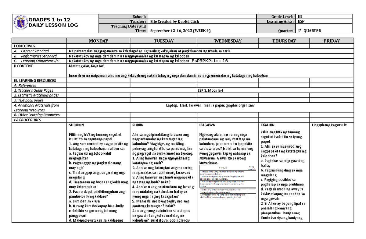 DLL ESP 3 Q1 W4 - nothing much - GRADES 1 to 12 DAILY LESSON LOG School ...