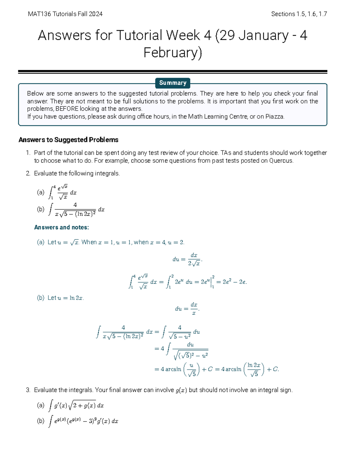 MAT136 Tutorial week 4 answers - MAT136 Tutorials Fall 2024 Sections 1, 1, 1. Answers for ...