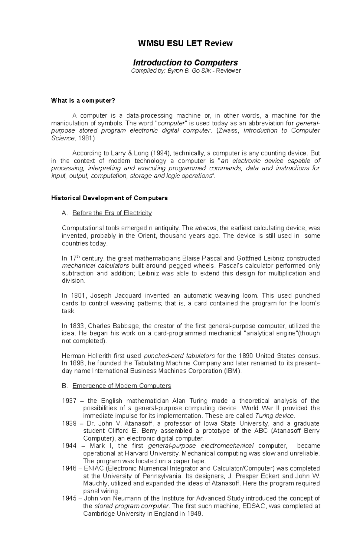 Review in ICT content 01 - WMSU ESU LET Review Introduction to ...