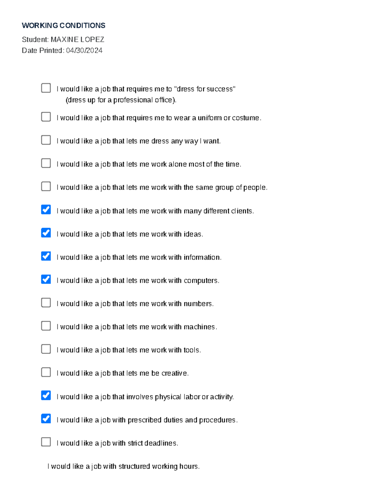 Working conditions - cheat sheet - WORKING CONDITIONS Student: MAXINE ...
