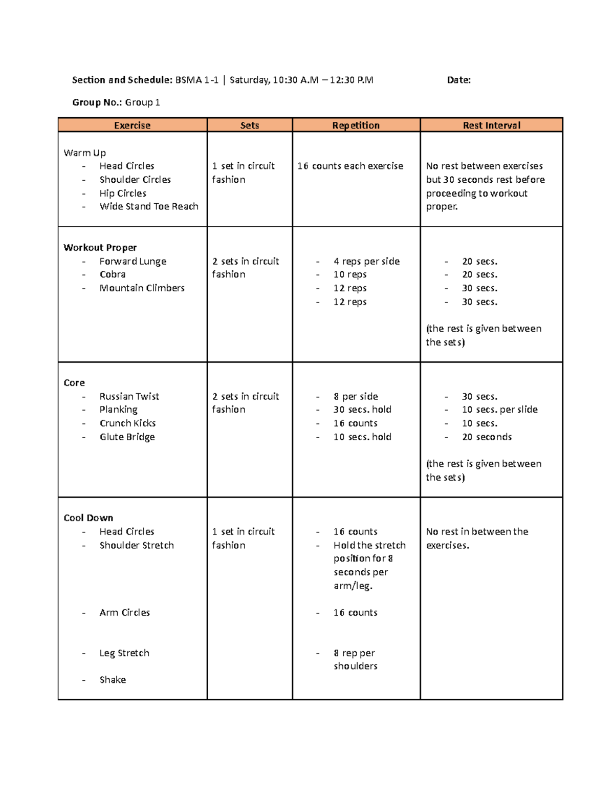 Updated work out plan - Plan for PE - Section and Schedule: BSMA 1-1 ...