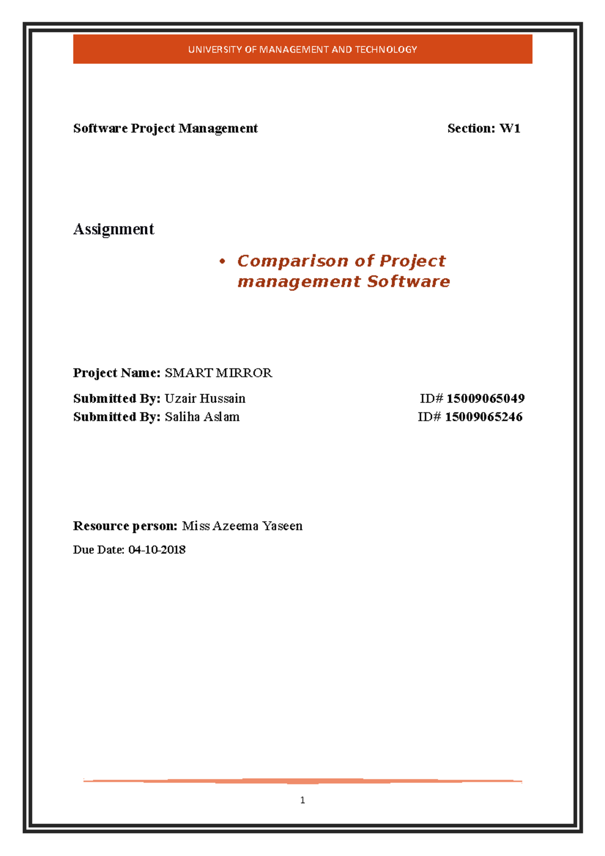 SPM a1 - SPM - Software Project Management Section: W Assignment Comparison of Project ...