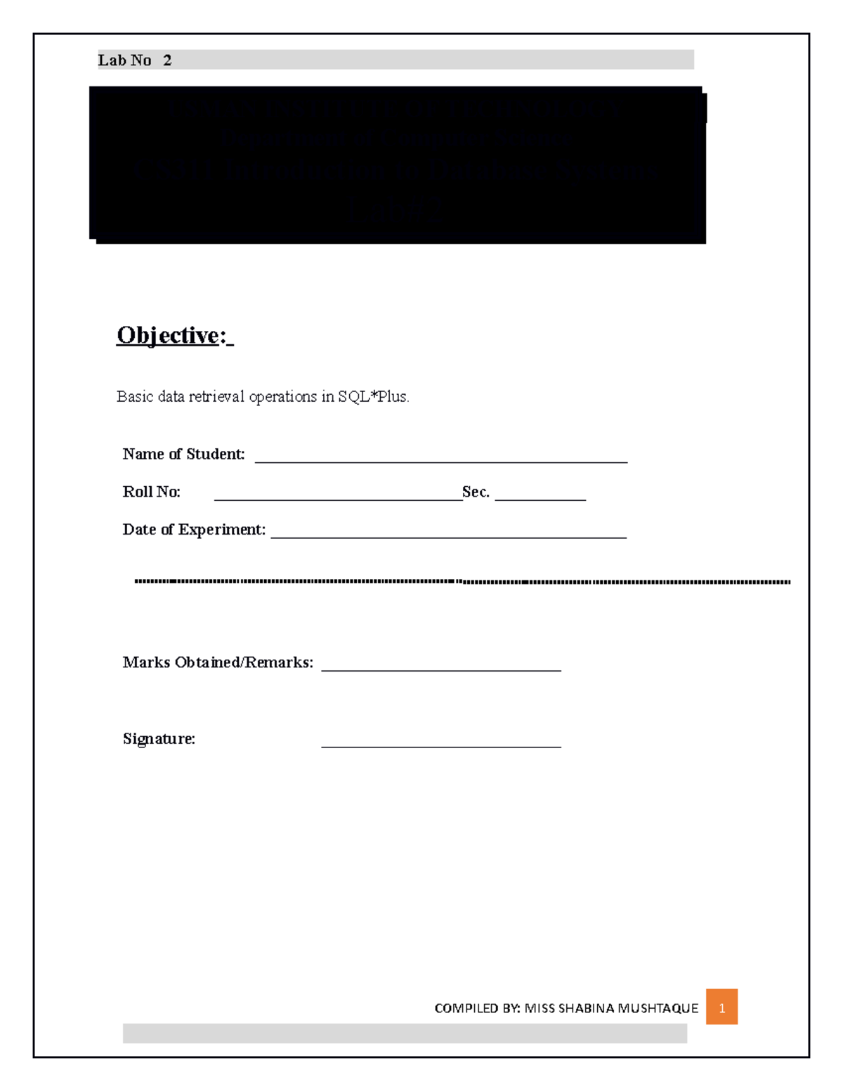 Intro to DB 2 - Lab Manual 2 For Database - Lab No 2 USMAN INSTITUTE OF ...