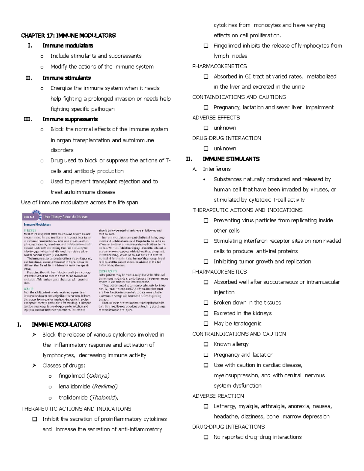 Immune Modulators - CHAPTER 17 : IMMUNE MODULATORS I. Immune modulators o Include stimulants and ...