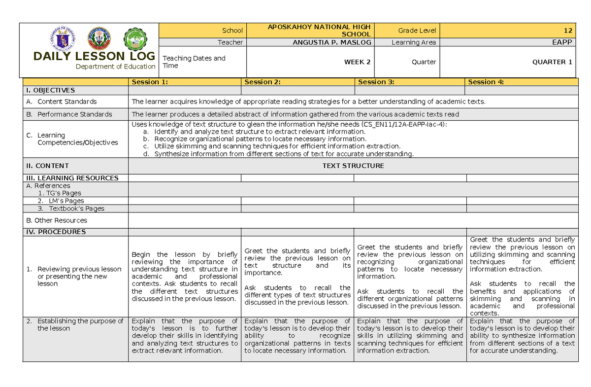 ORAL Communication - DAILY LESSON LOG Department of Education School ...