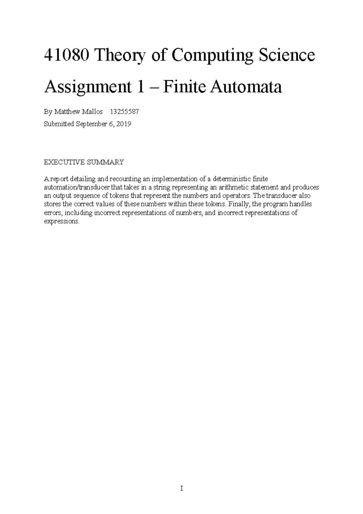 Assessment 1 Report example Theory of Computing Science - 41080 Theory of Computing Science ...