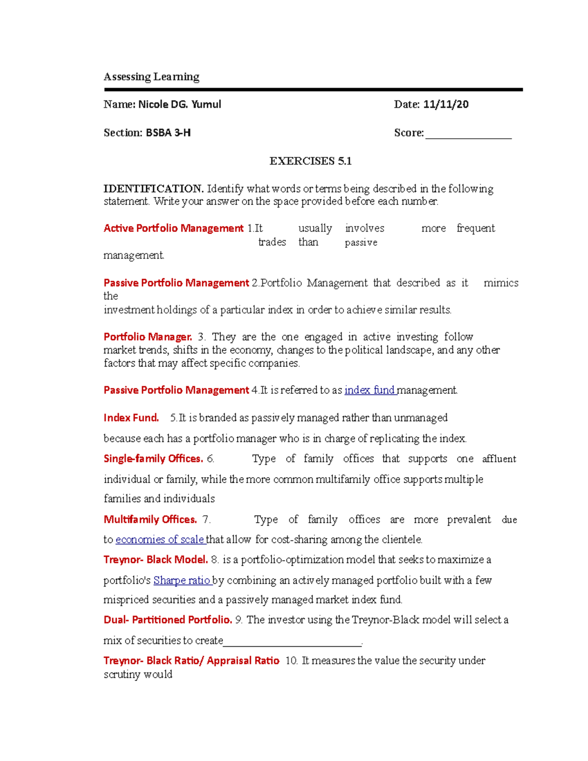 Assessing-Learning-5 - Assessing Learning Name: Nicole DG. Yumul Date: 11/11/ Section: BSBA 3-H ...