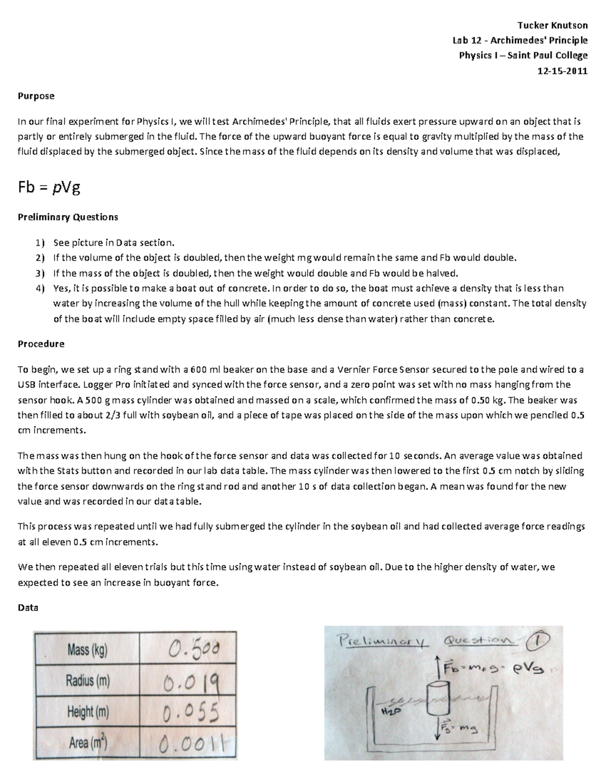 Summary - Lab 12 - Archimedes' Principle - Tucker Knutson Lab 12 ...