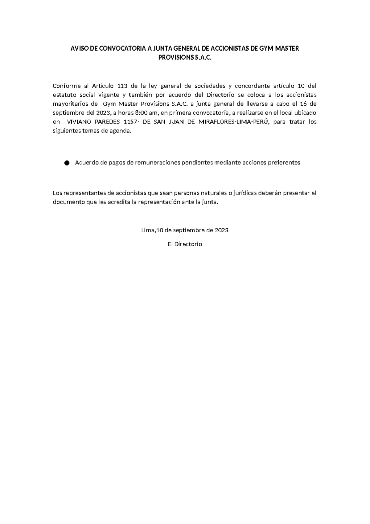 Notificacion Acta N001 - AVISO DE CONVOCATORIA A JUNTA GENERAL DE ACCIONISTAS DE GYM MASTER ...