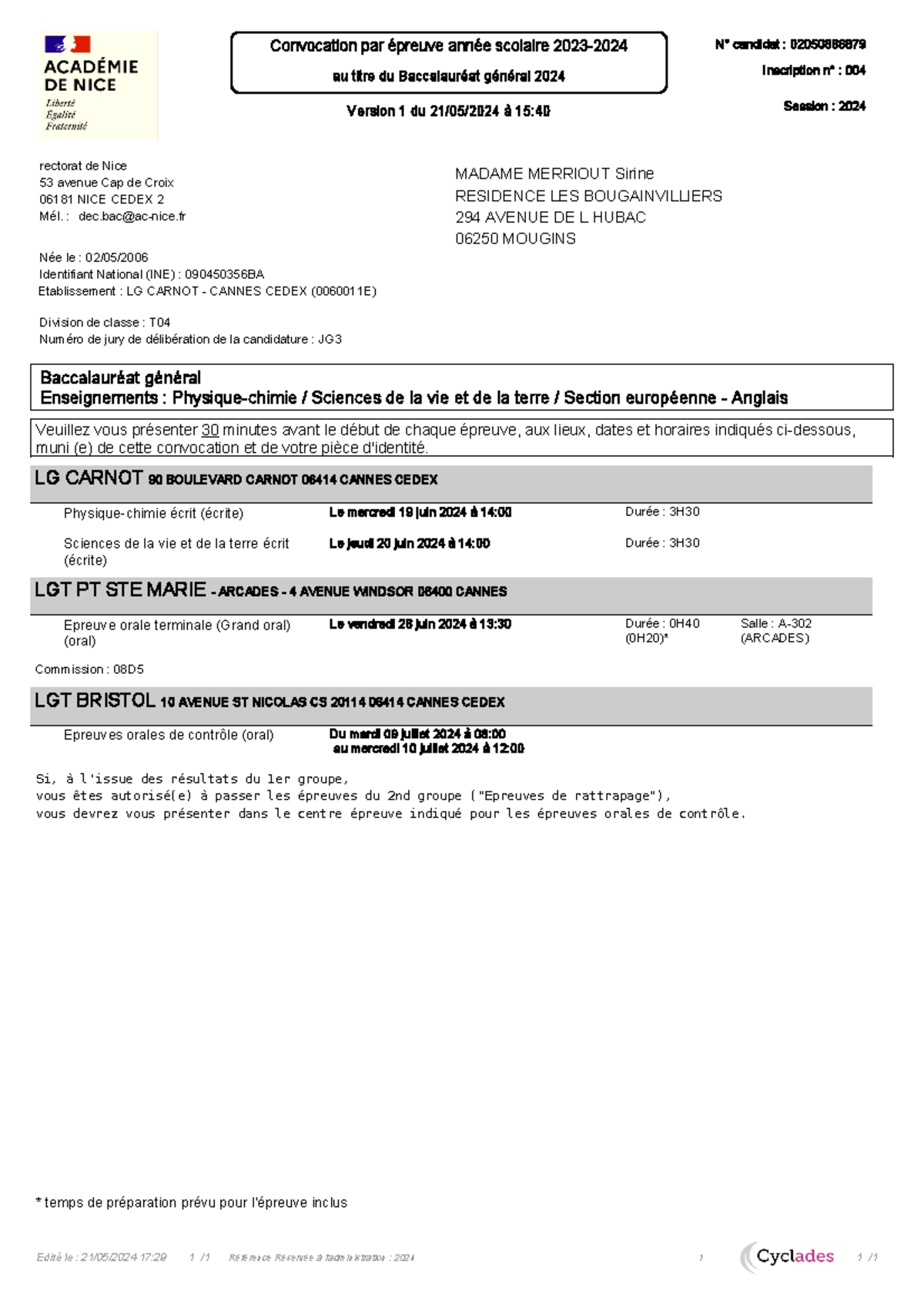 205086687900004 Convocation par epreuve V1 20240521 2 - Edité le : 21/05/2024 17:29 1 /1 ...