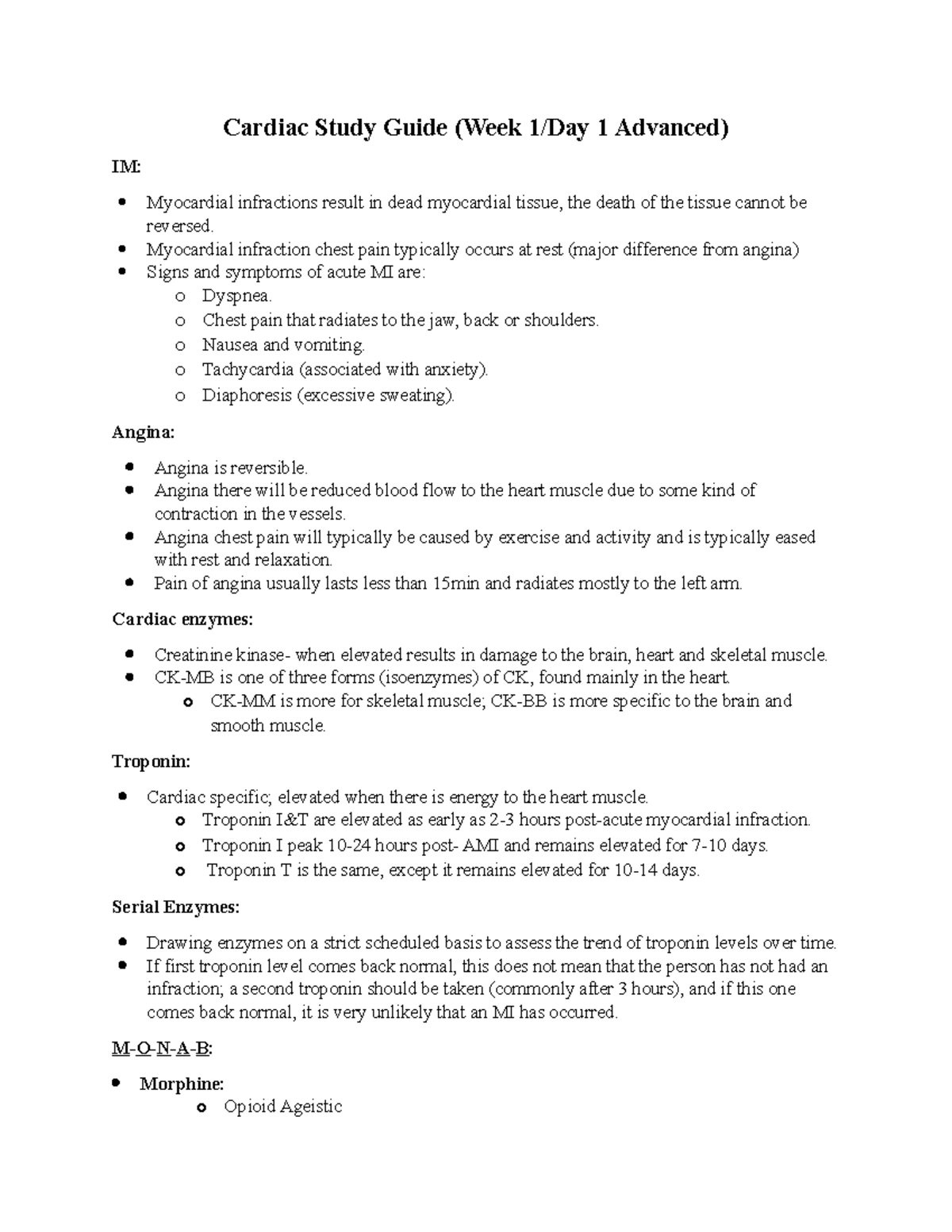 2.0 Cardiac Study Guide - Myocardial infraction chest pain typically ...