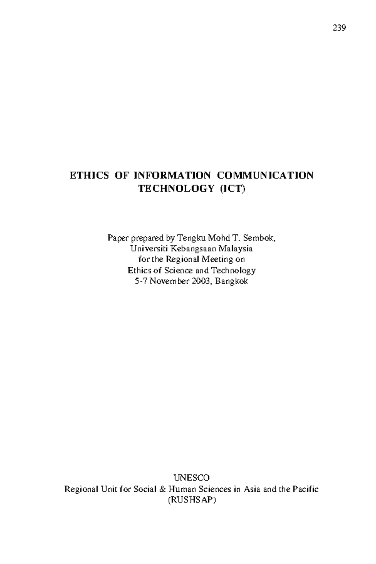Ethics of ICT Unesco - ETHICS OF INFORMATION COMMUNICATION TECHNOLOGY ...