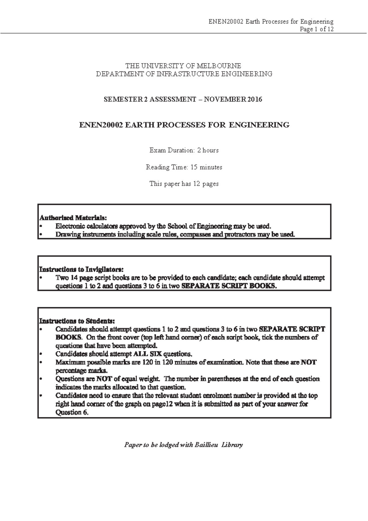Exam 2016, questions - ENEN20002 Earth Processes for Engineering Page 1 ...